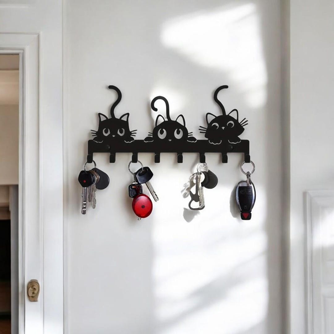 Cute Cat Key Holder – Wall Mounted Metal Key Rack Hooks, Cat Tail ...
