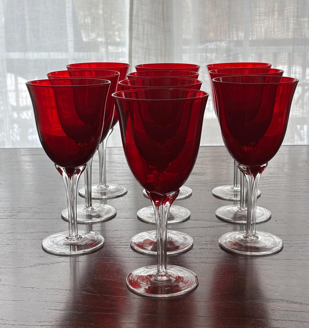 Vintage Ruby Red Goblets With Crystal Clear Ribbed Stem 10 Oz.7.5"h Set ...
