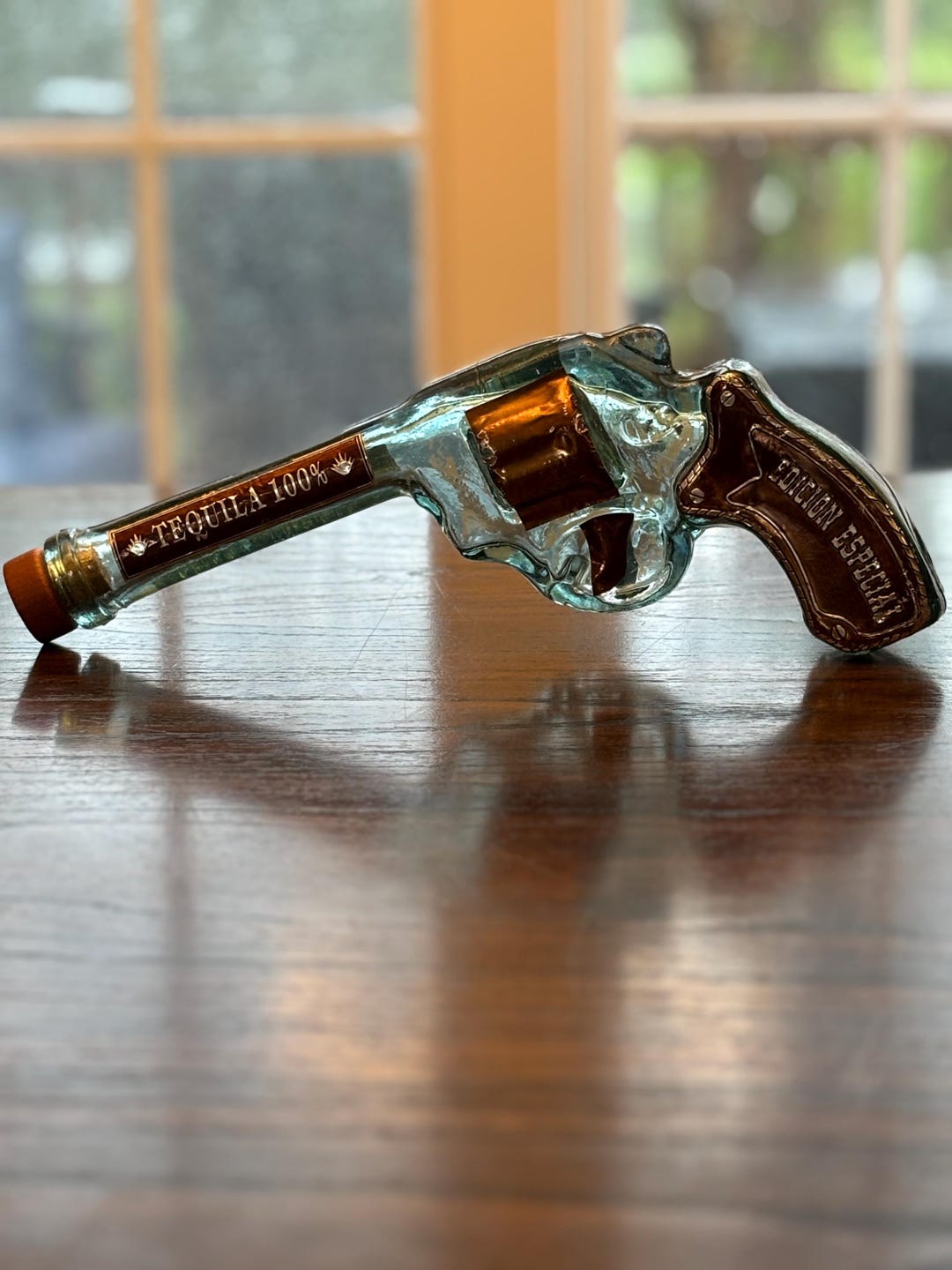 Vintage Blue Glass Tequila Bottle Gun Revolver Embossed Metal Accents ...