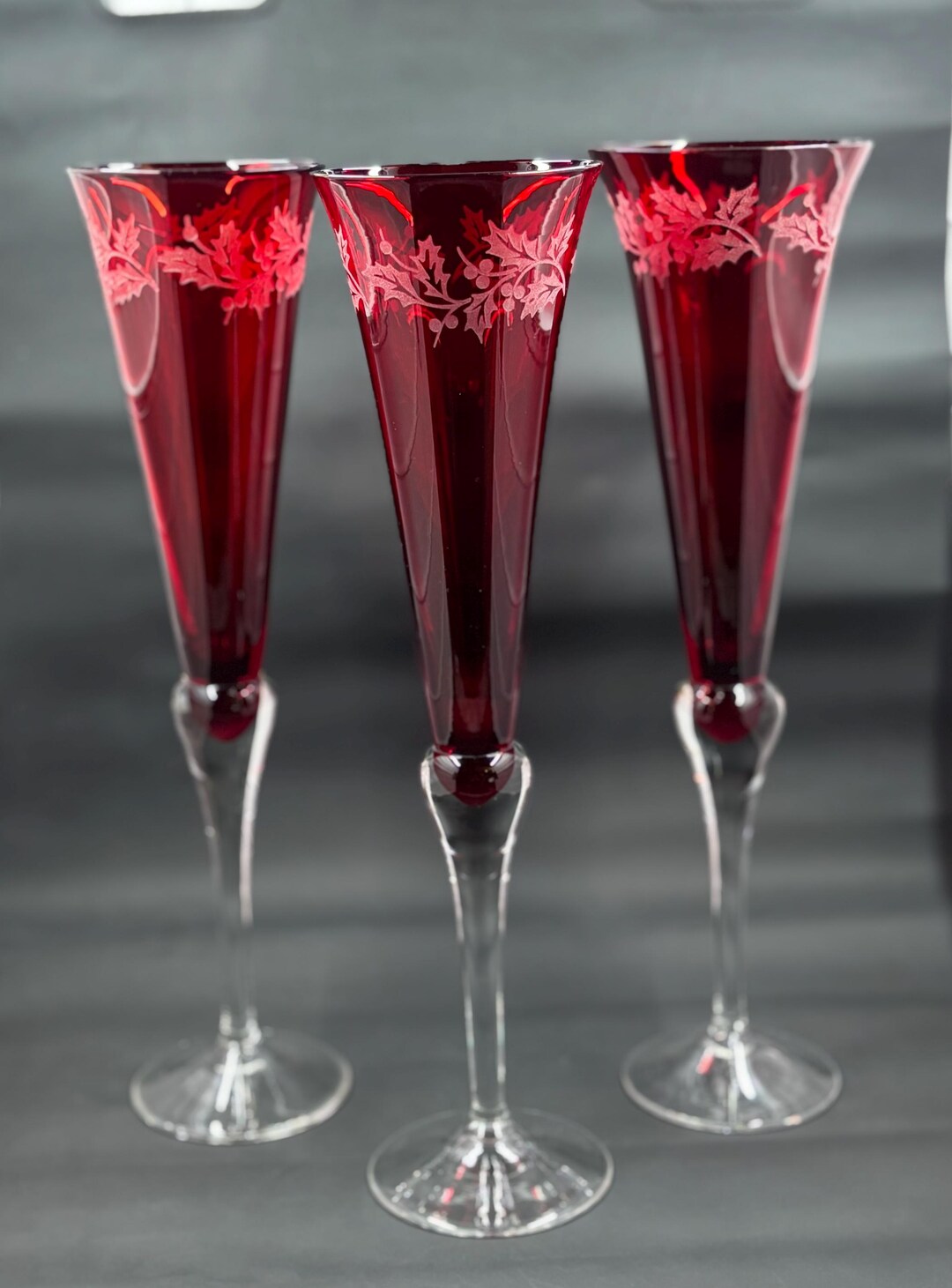 Lenox Crystal Holiday Gems Ruby Red Champagne Flutes Etched Holly Set ...