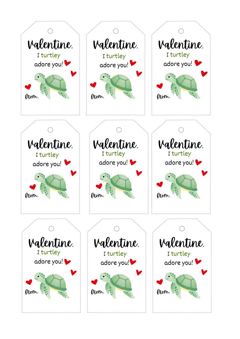 Turtle Valentine Gift Tags Printable / Turtley Adore You / Kids ...