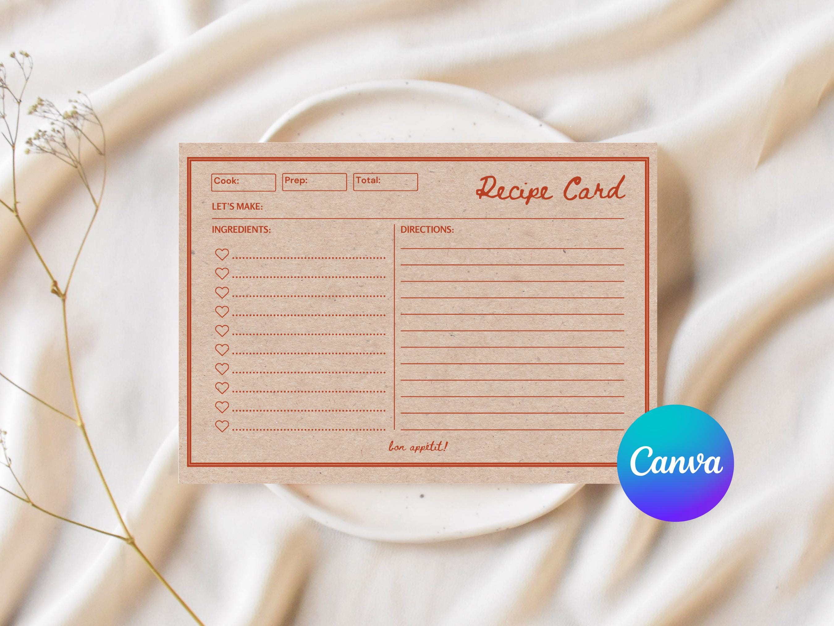 Digital Canva Recipe Card Template | Editable Brown Paper Design With ...