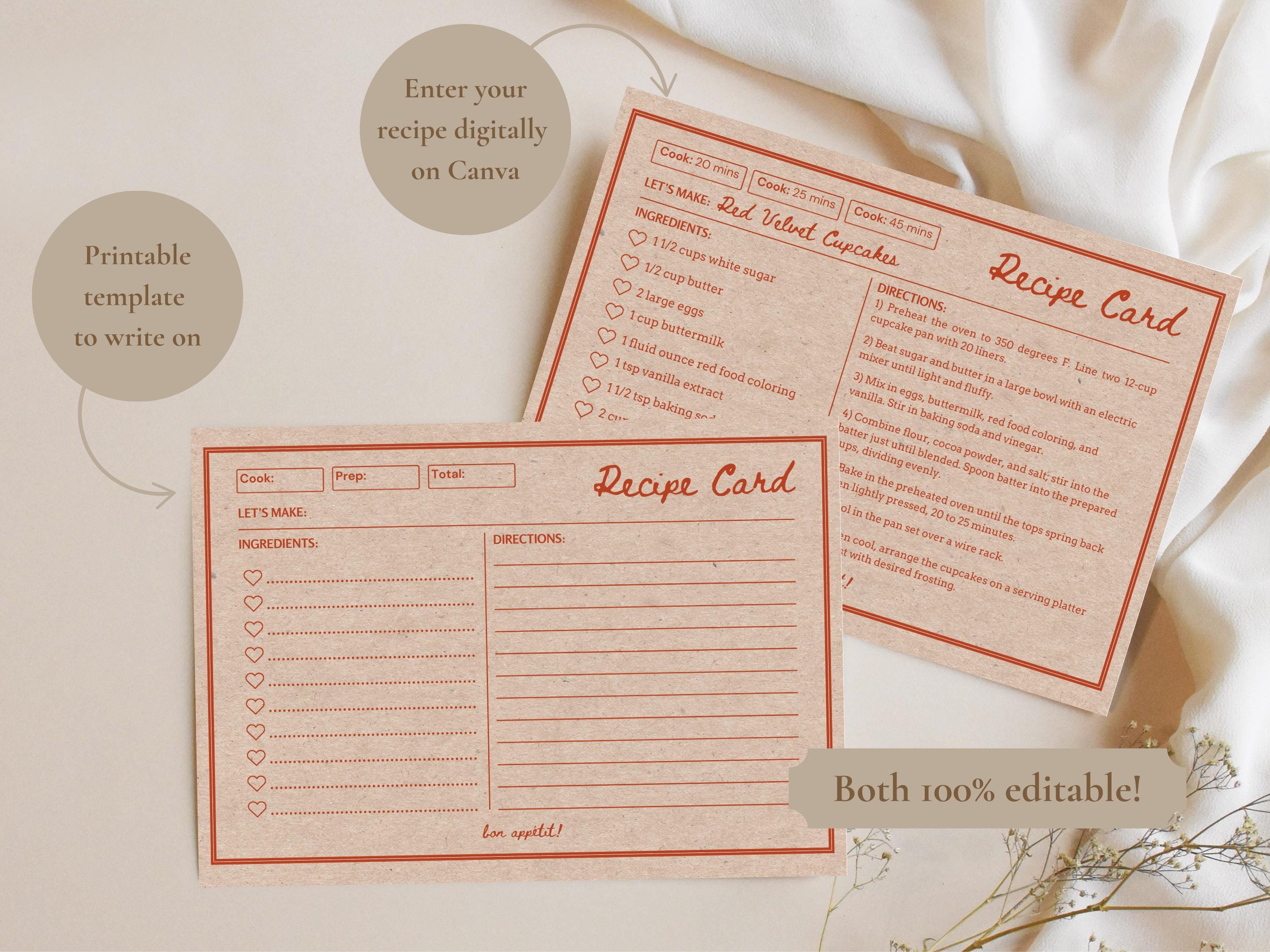 Editable Recipe Card Template | Brown Paper, Red Font (digital Download ...