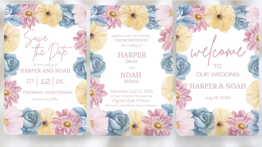 Editable Yellow, Blue, and Pink Save the Date, Invitation, and Welcome ...