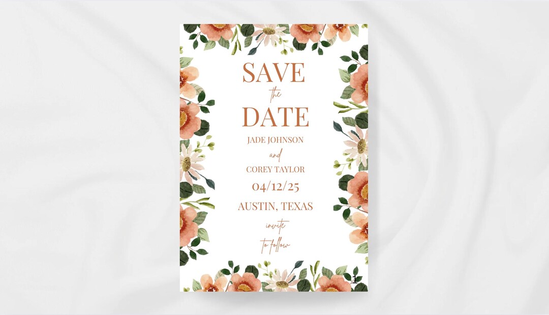 Editable Rustic Orange Save the Date, Orange Floral Save the Date ...