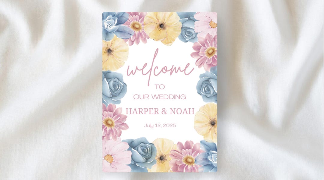 Editable Yellow, Blue, and Pink Welcome Sign, Floral Welcome Sign ...