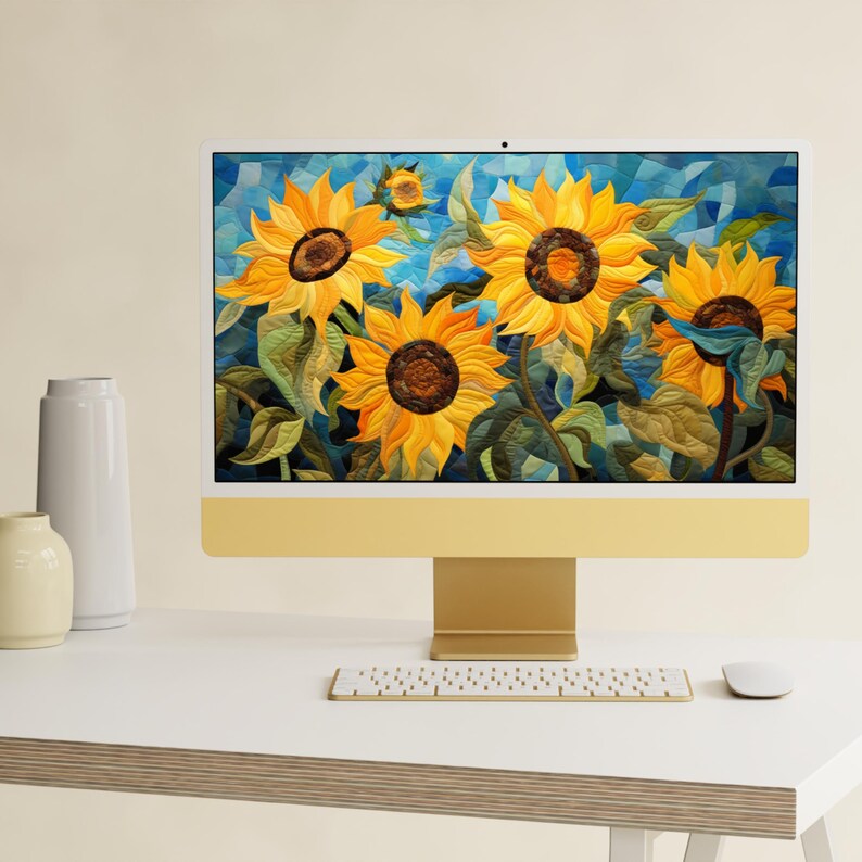 Sunflower Quilted Desktop Wallpaper: High-res Floral Art (instant ...