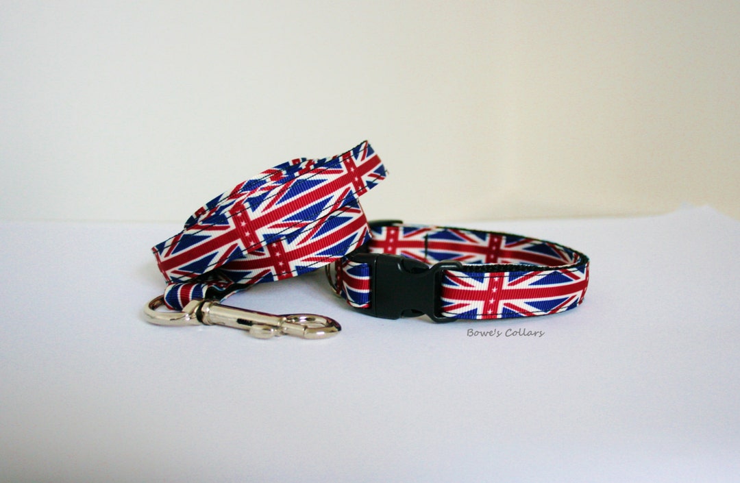 Union Jack 5/8" or 3/4" Small Dog Collar Puppy Collar or Matching Lead ...