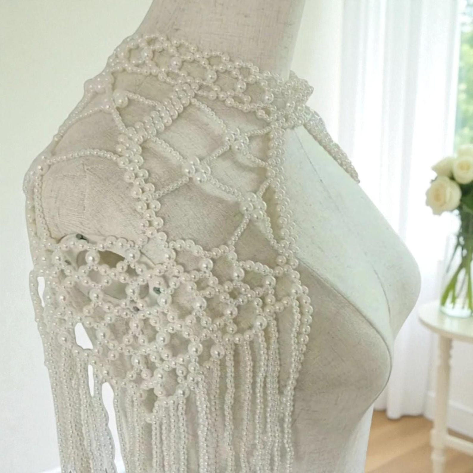 Handmade Pearl Capelet: Ivory Beaded Shoulder Shawl for Wedding or ...
