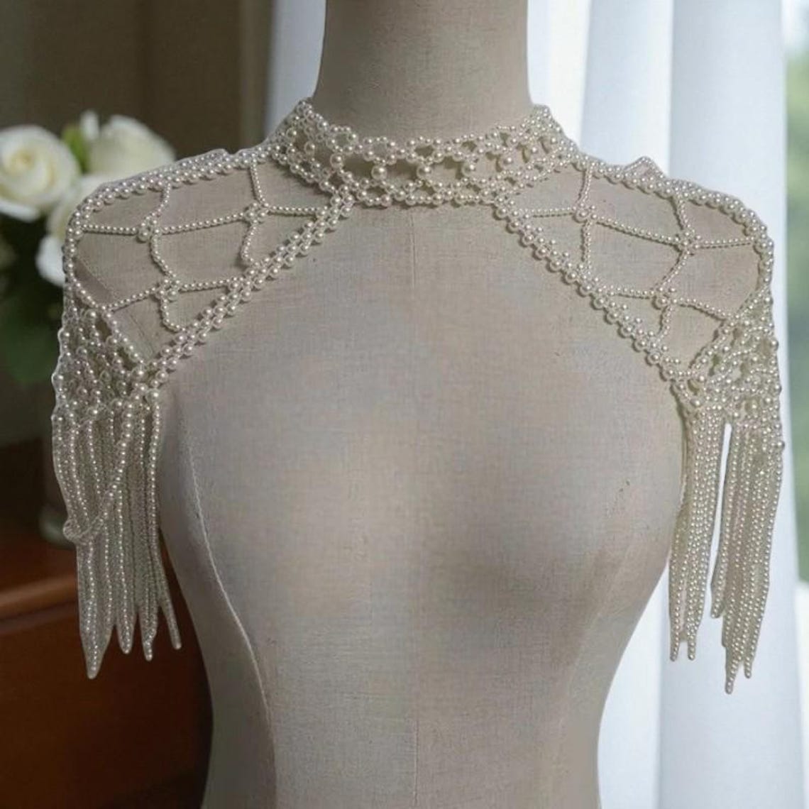 Handmade Pearl Capelet: Ivory Beaded Shoulder Shawl for Wedding or ...