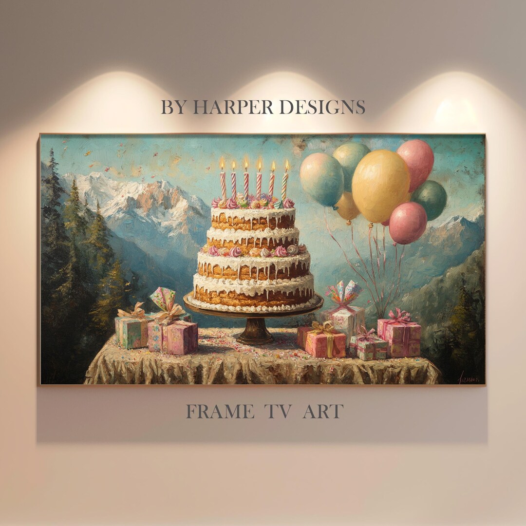 Vintage Birthday Cake Frame TV Art, Textured Oil Painting Style ...
