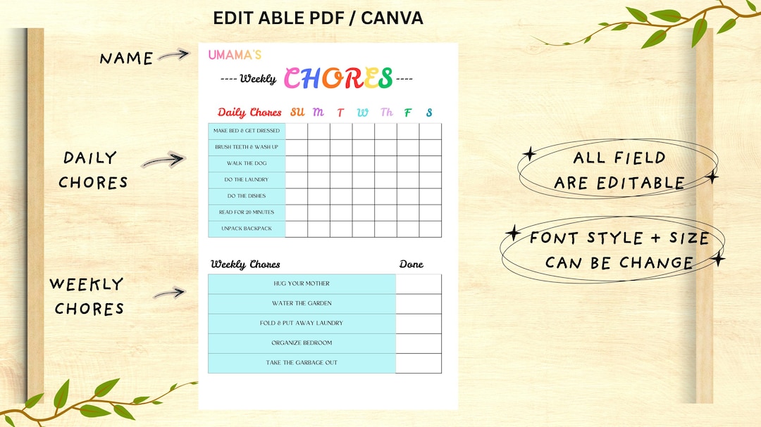 Editable Weekly Chore Chart for Kids | Printable Daily & Weekly Chores ...