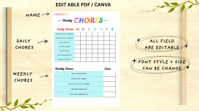 Editable Weekly Chore Chart for Kids | Printable Daily & Weekly Chores ...