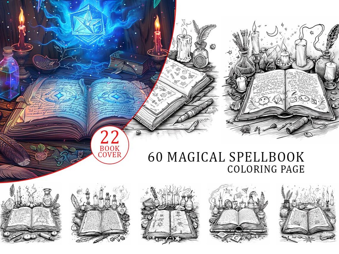 Magical Spell Book Coloring Pages: Fantasy Art for Adults & Kids ...