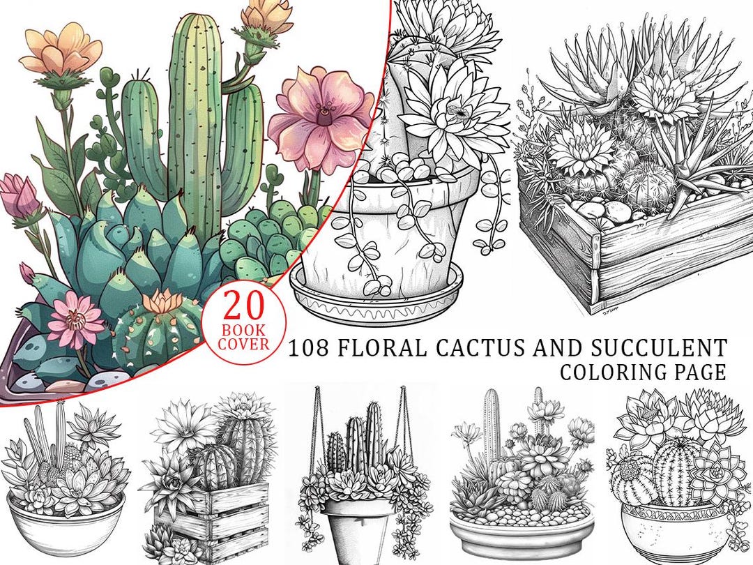 Floral Cactus Coloring Pages: Succulent Art, Adult Relaxation ...