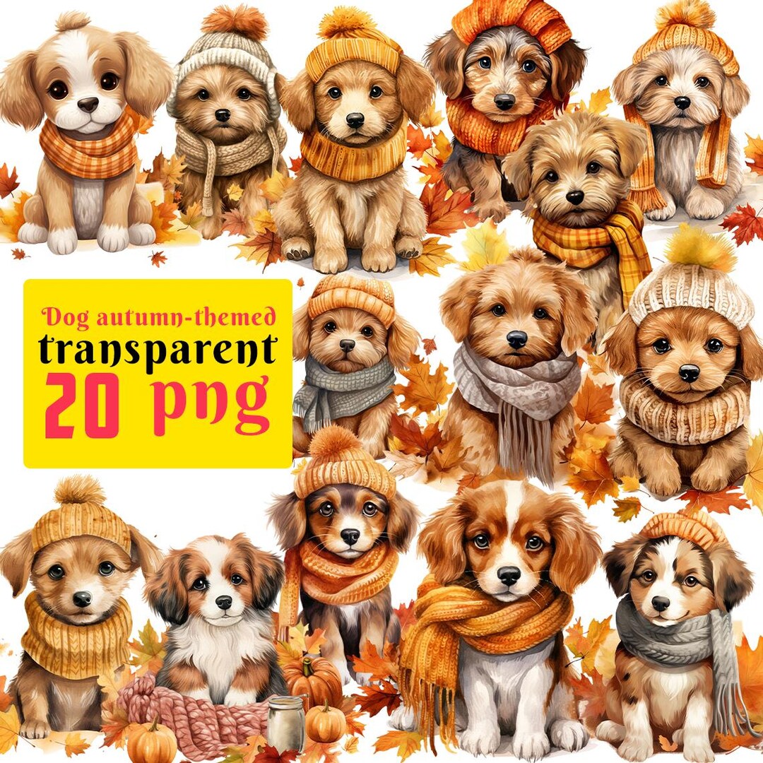Autumn Dogs Clipart - 31 PNG Cozy Puppy Illustrations, Cute Fall ...