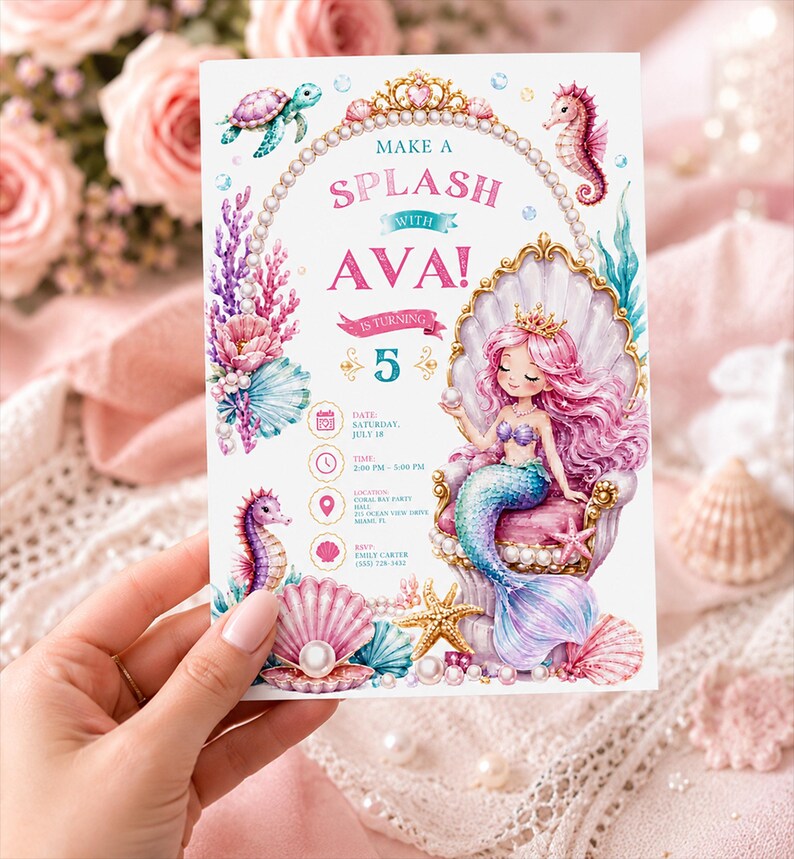Mermaid Birthday Invitation Girl, Under the Sea Party Template ...