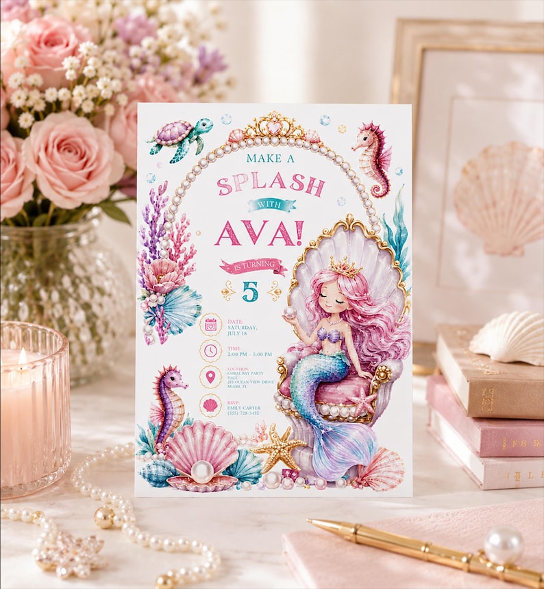 Mermaid Birthday Invitation Girl, Under the Sea Party Template ...