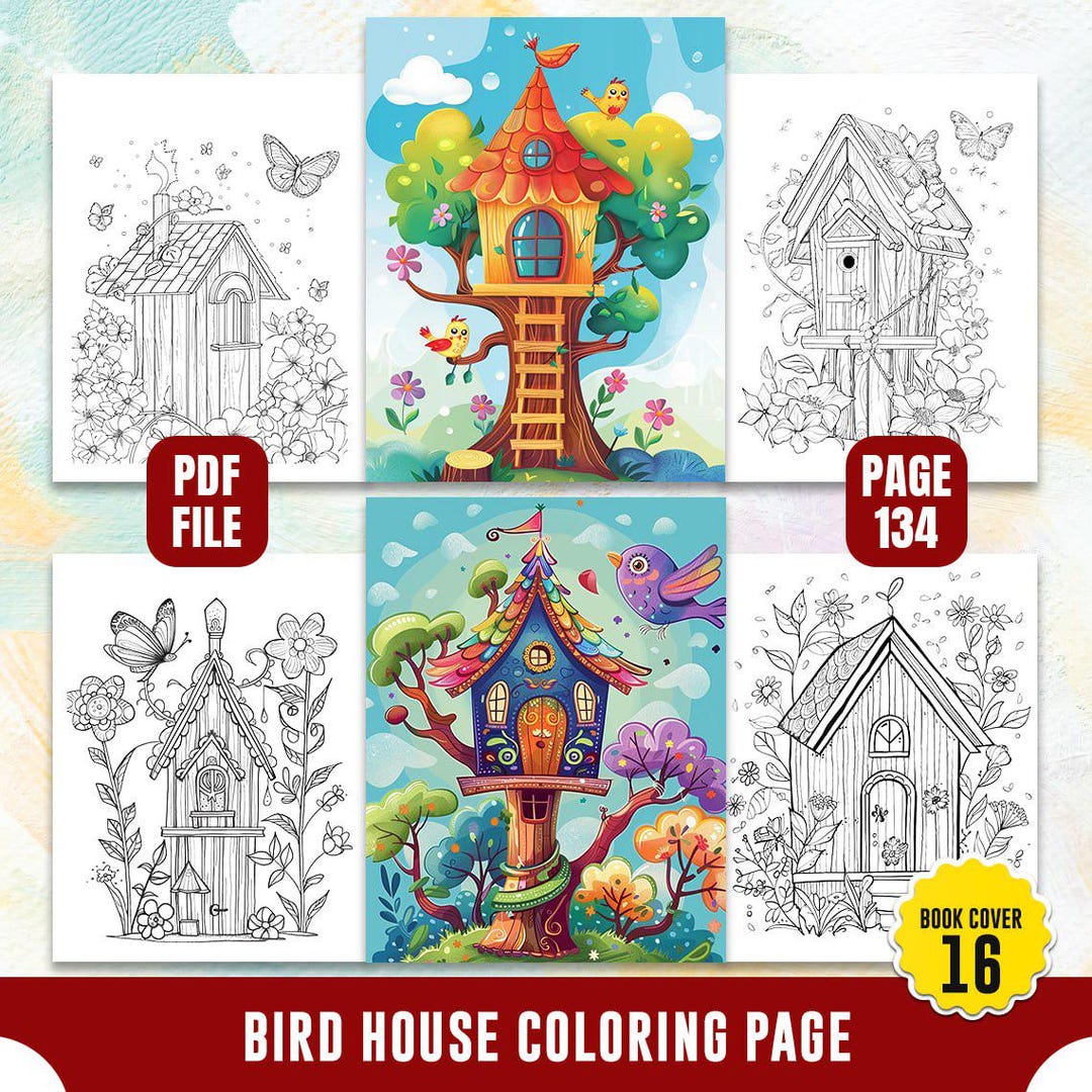 134 Bird House Coloring Page for Adults and Kids, Cute Bird Nest ...