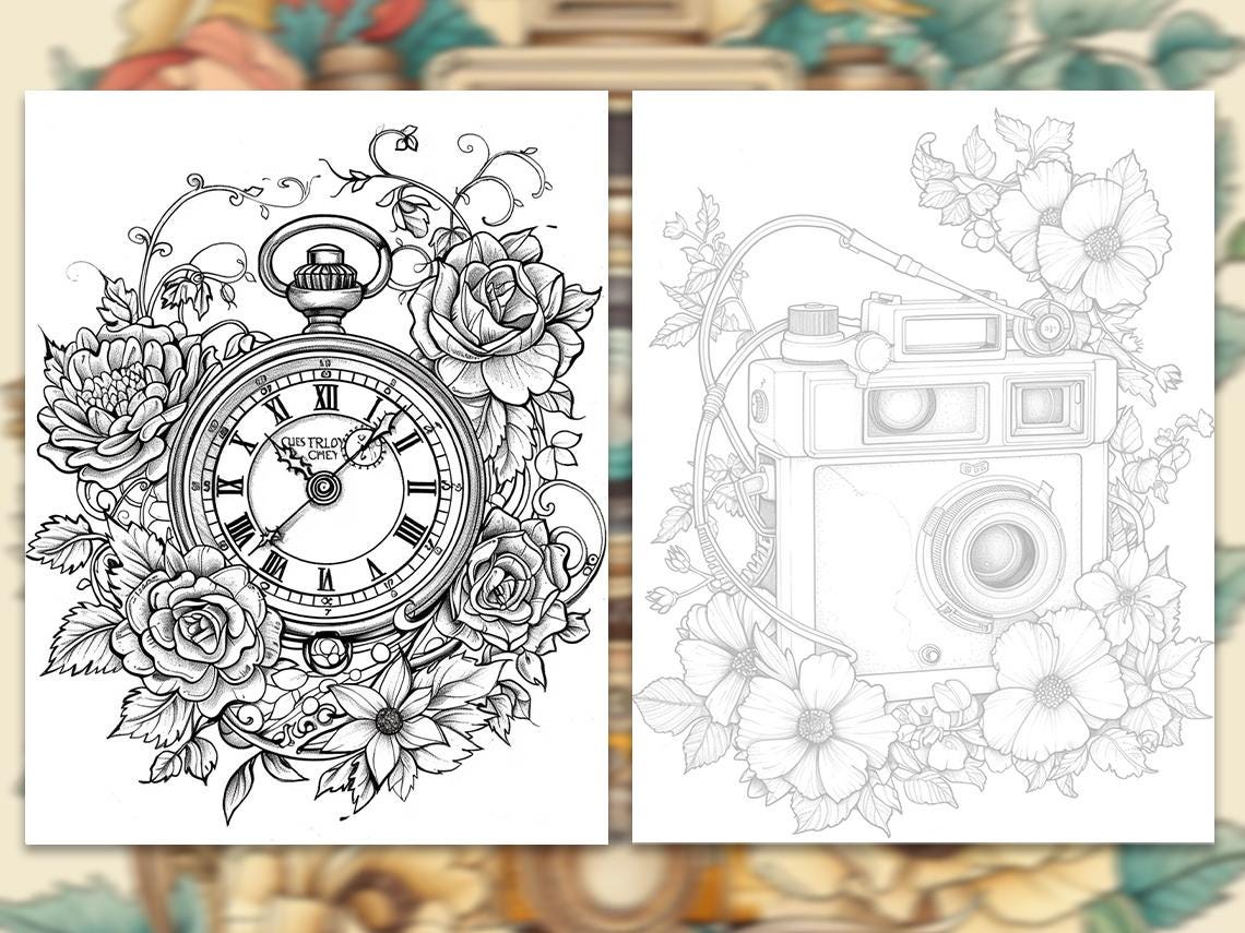 Floral Vintage Coloring Pages: 108 Grayscale Designs (printable PDF ...