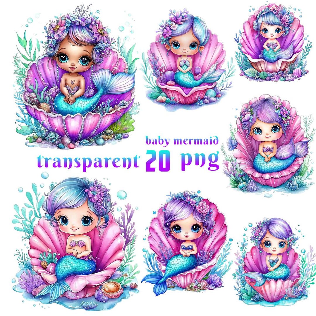Watercolor Baby Mermaid Clipart, Sea Creatures (PNG, JPG - Etsy