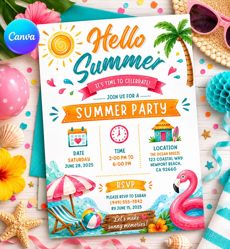 Hallo Sommereinladung, Sommerparty einladen Vorlage, Aquarell Strand ...