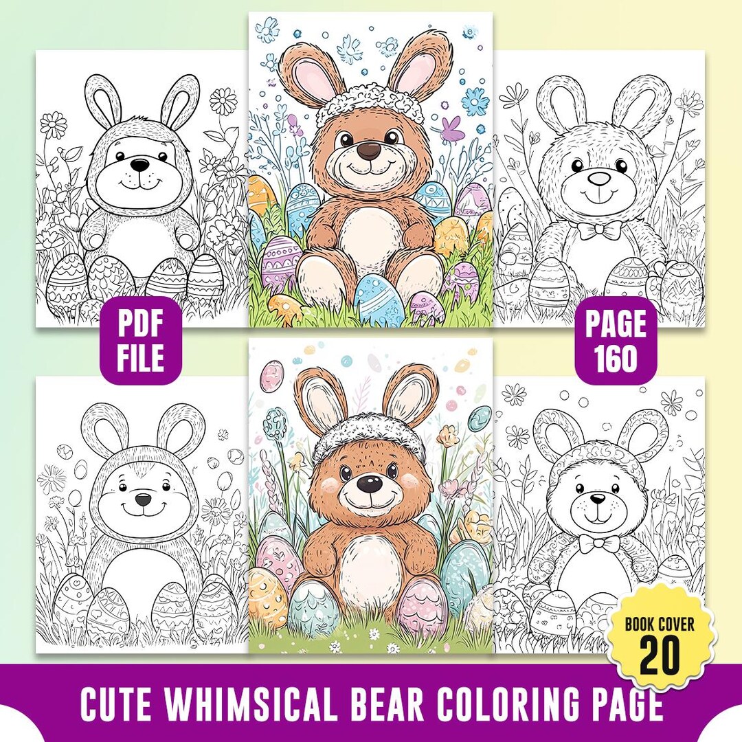 Bear Coloring Page, Whimsical Kids and Adults (PDF + PNG) - Etsy