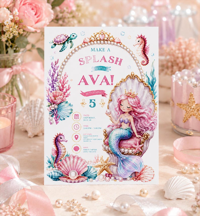 Mermaid Birthday Invitation Girl, Under the Sea Party Template ...