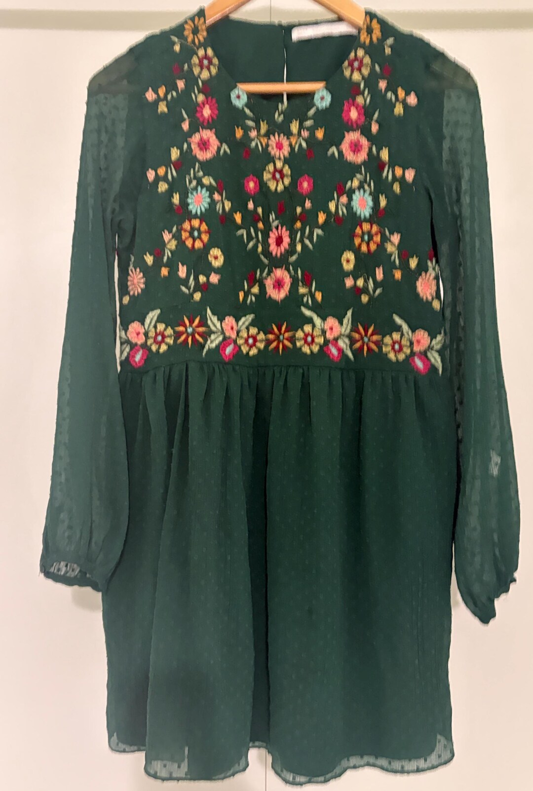 Boho Embroidered Forest Green Mini Dress | Floral Yoke Sheer Long ...