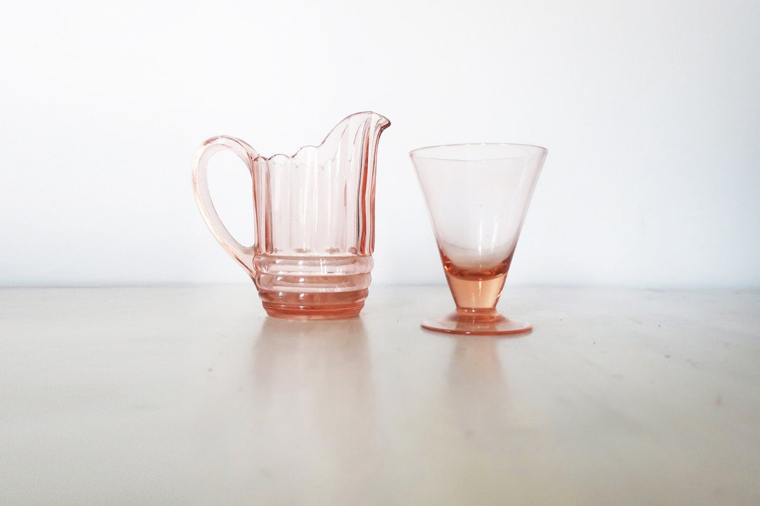Cute Vintage Pink Glass Cup and Jug Set - Etsy