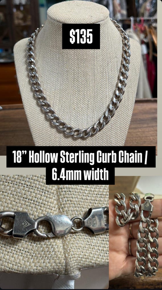 Hollow Sterling Silver 18” Curb Chain - 6.4mm width - Gem