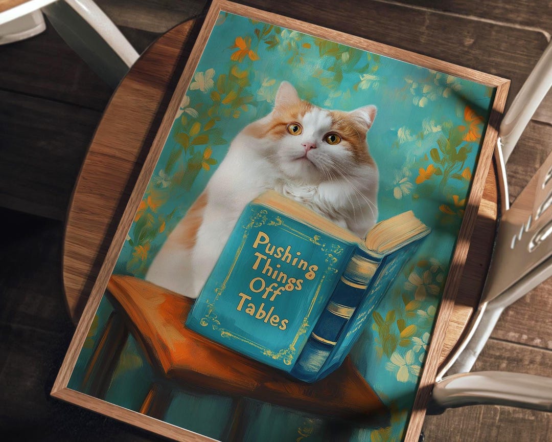 Pushing Things off Tables Custom Cat Portrait, Funny Cat Reading Print ...