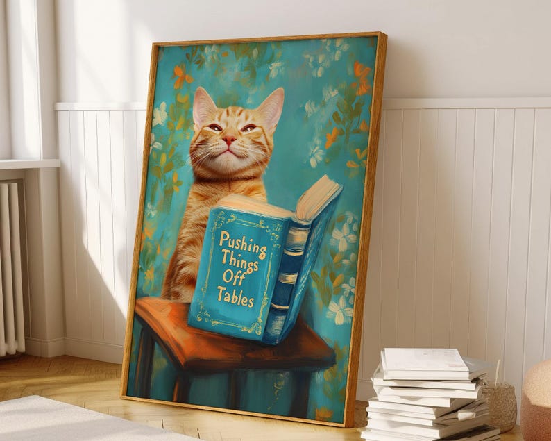 Pushing Things off Tables Custom Cat Portrait, Funny Cat Reading Print ...