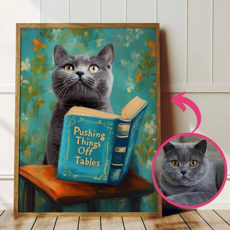Pushing Things off Tables Custom Cat Portrait, Funny Cat Reading Print ...