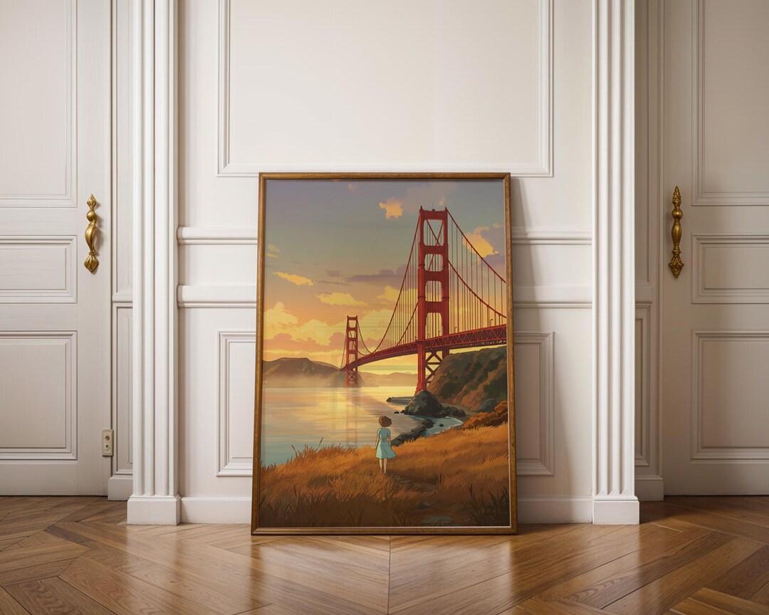 Studio Ghibli Inspired Golden Gate Bridge Art Print | Anime Merch ...