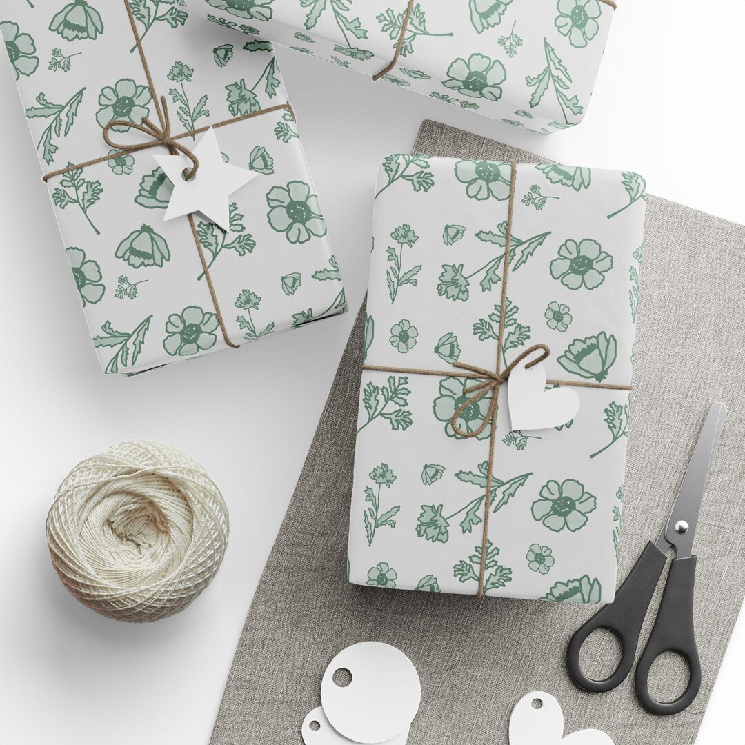 Sage Green Floral Wrapping Paper, Eco-friendly Gift Wrap, Floral Gift ...