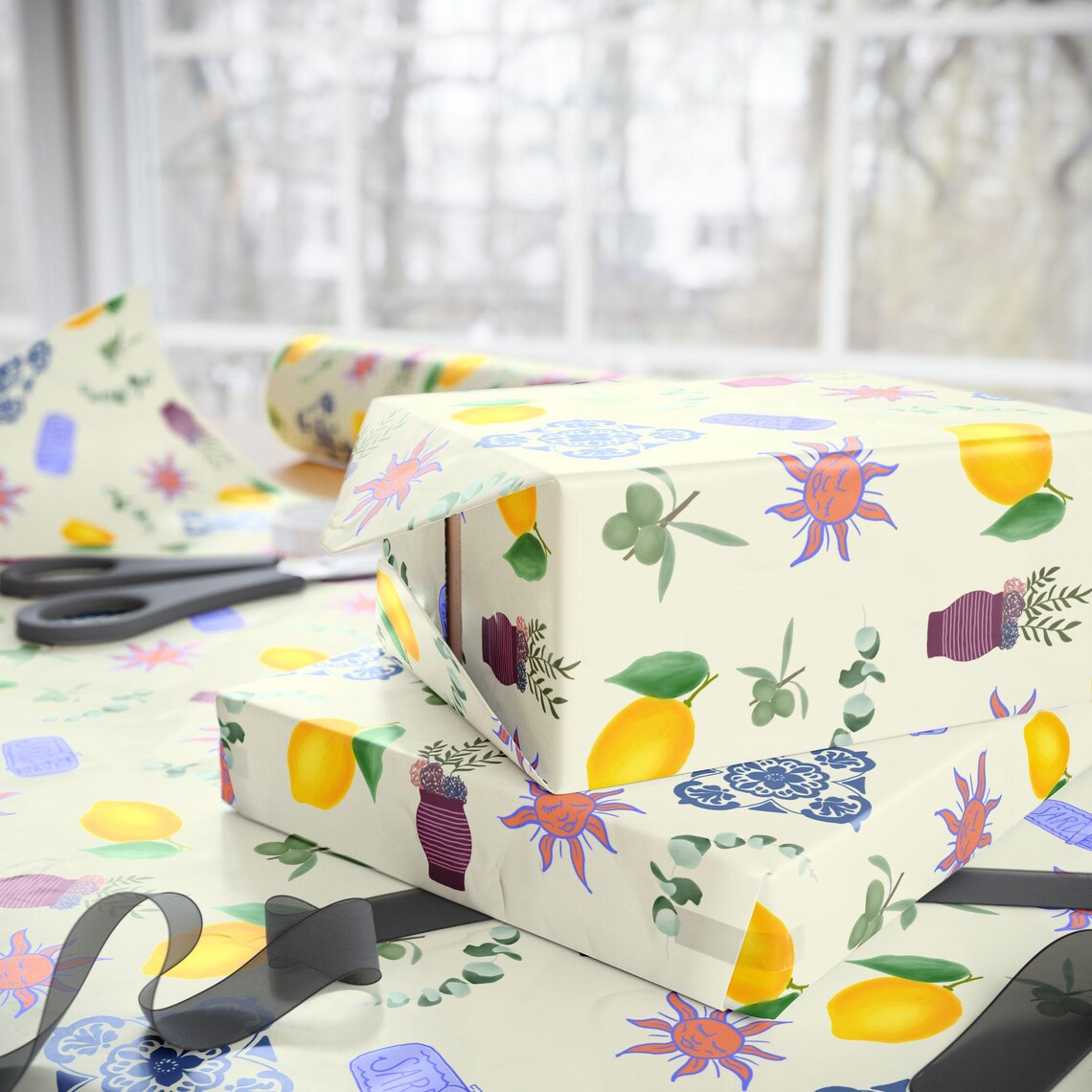 Fun Hand Drawn Lemon & Floral Wrapping Paper, Mediterranean Vibe Gift ...