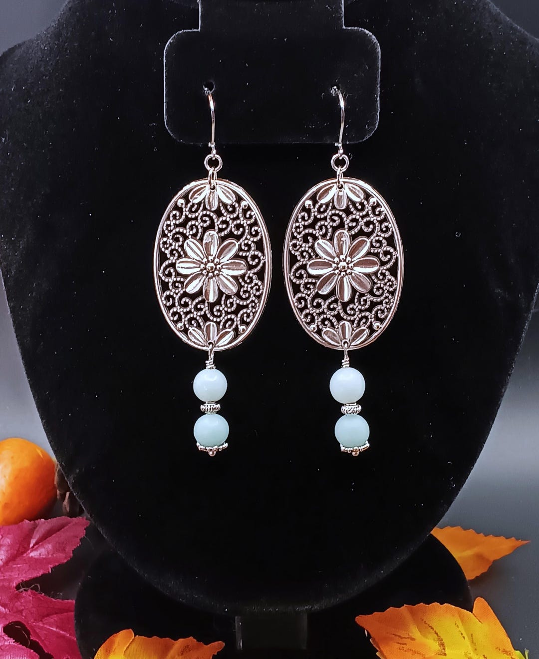 Antique Gold or Silver Floral Focals, Genuine Amazonite Beads - Etsy