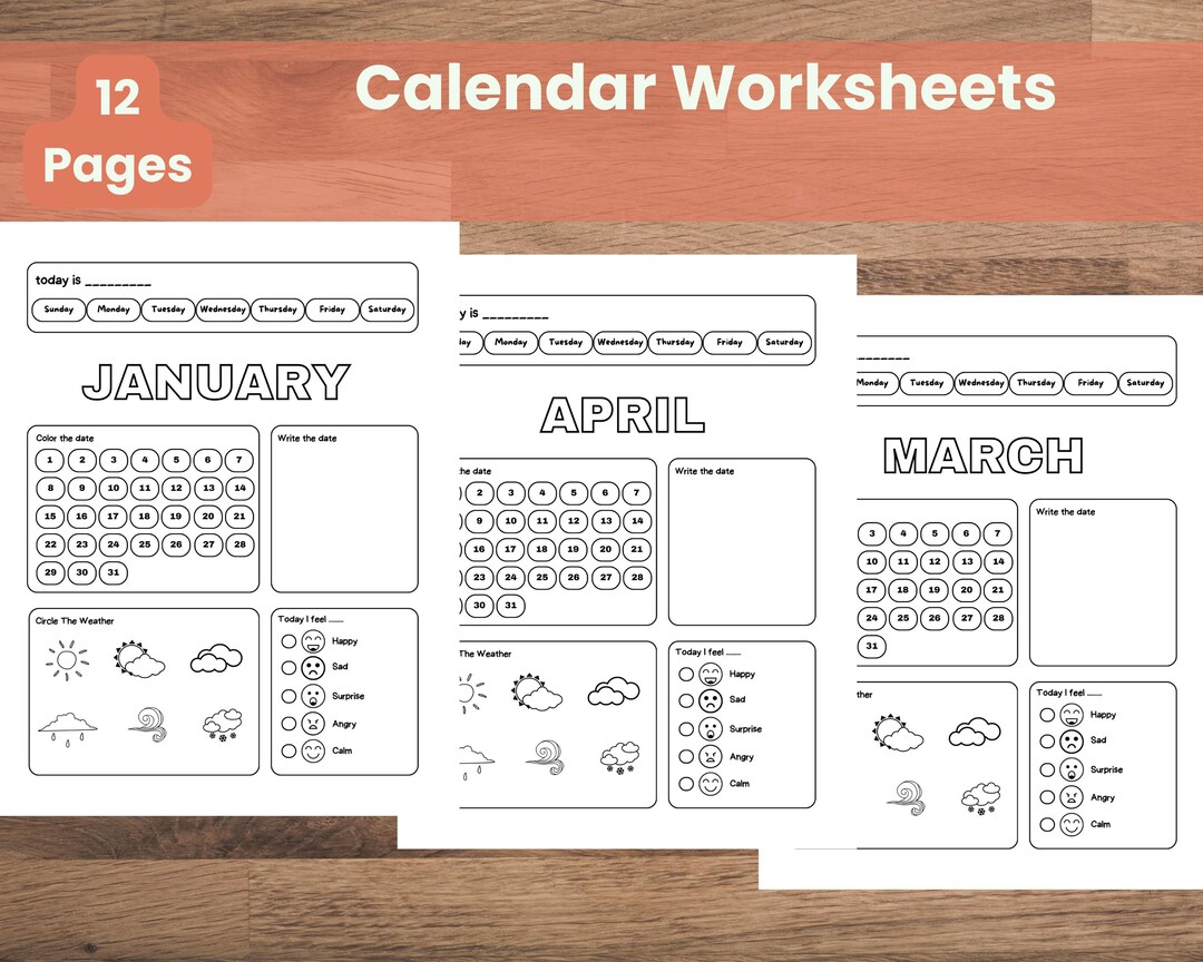 12 Pages Printable Pre-k Calendar Worksheets, Day, Date, Month, Weather ...