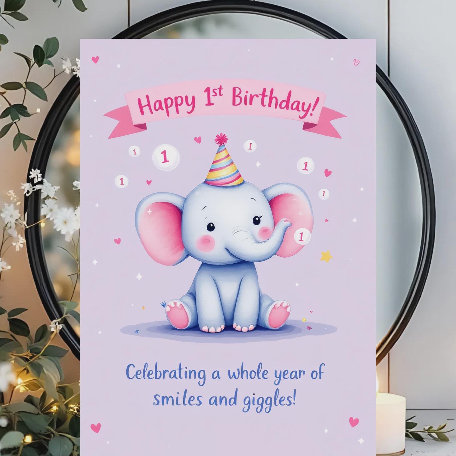 Baby Girl 1st Birthday Card, Cute Elephant With Party Hat, Pink First ...