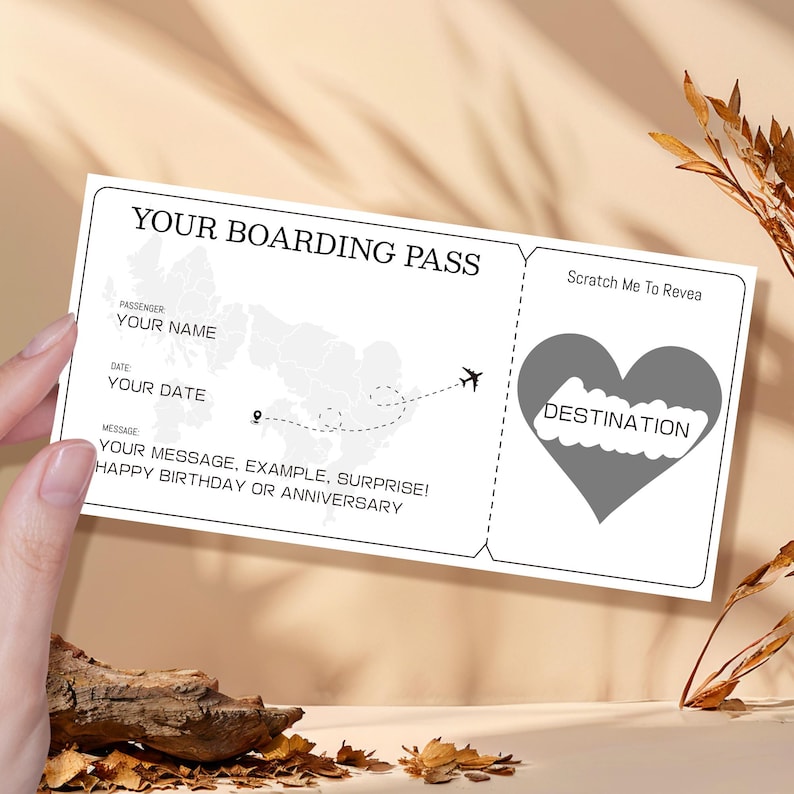 Personalized Reveal Boarding Pass Scratch Card, Gold Heart Destination ...