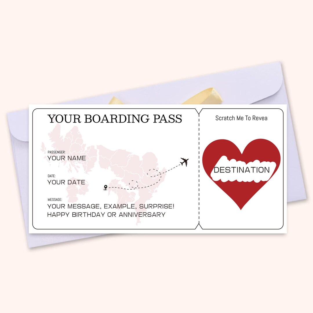 Personalized Reveal Boarding Pass Scratch Card, Gold Heart Destination ...