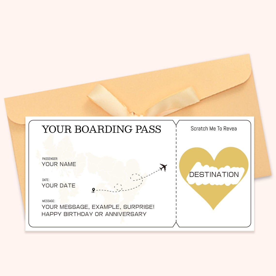 Personalized Reveal Boarding Pass Scratch Card, Gold Heart Destination ...