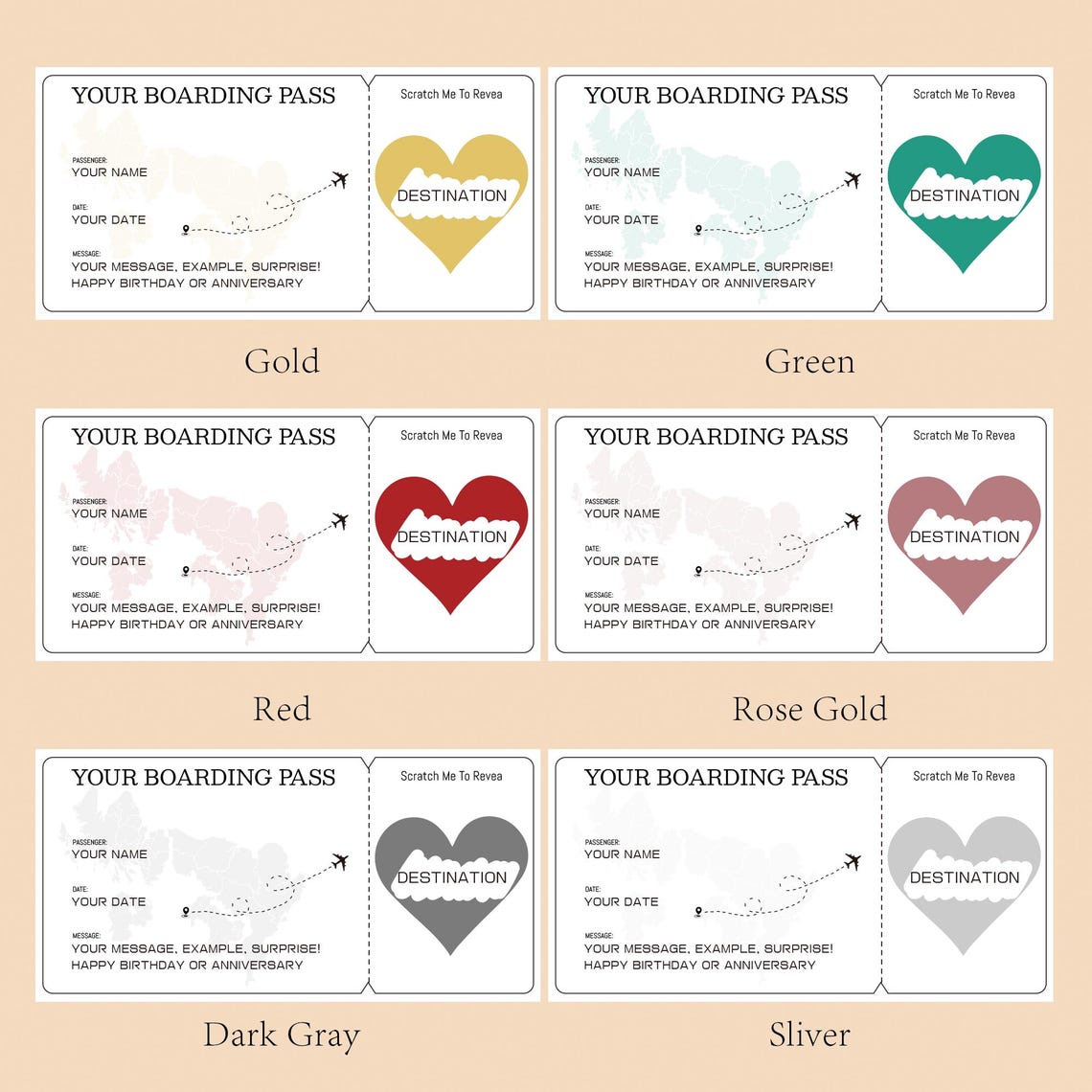 Personalized Reveal Boarding Pass Scratch Card, Gold Heart Destination ...