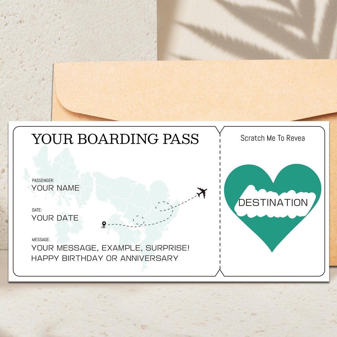 Personalized Reveal Boarding Pass Scratch Card, Gold Heart Destination ...