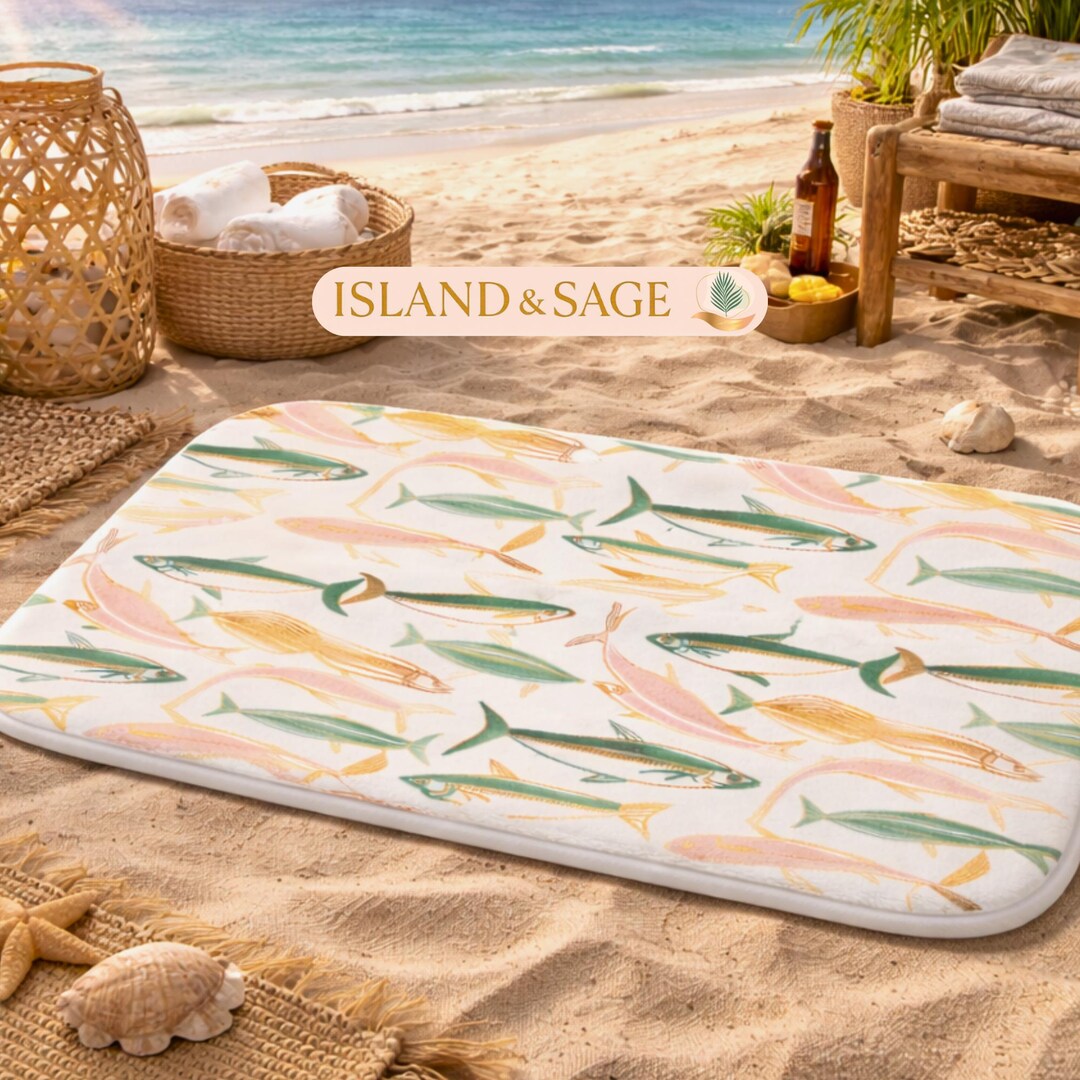 Tropical Fish Bath Mat - Pink and Teal Coastal Boho Bathroom Decor for ...