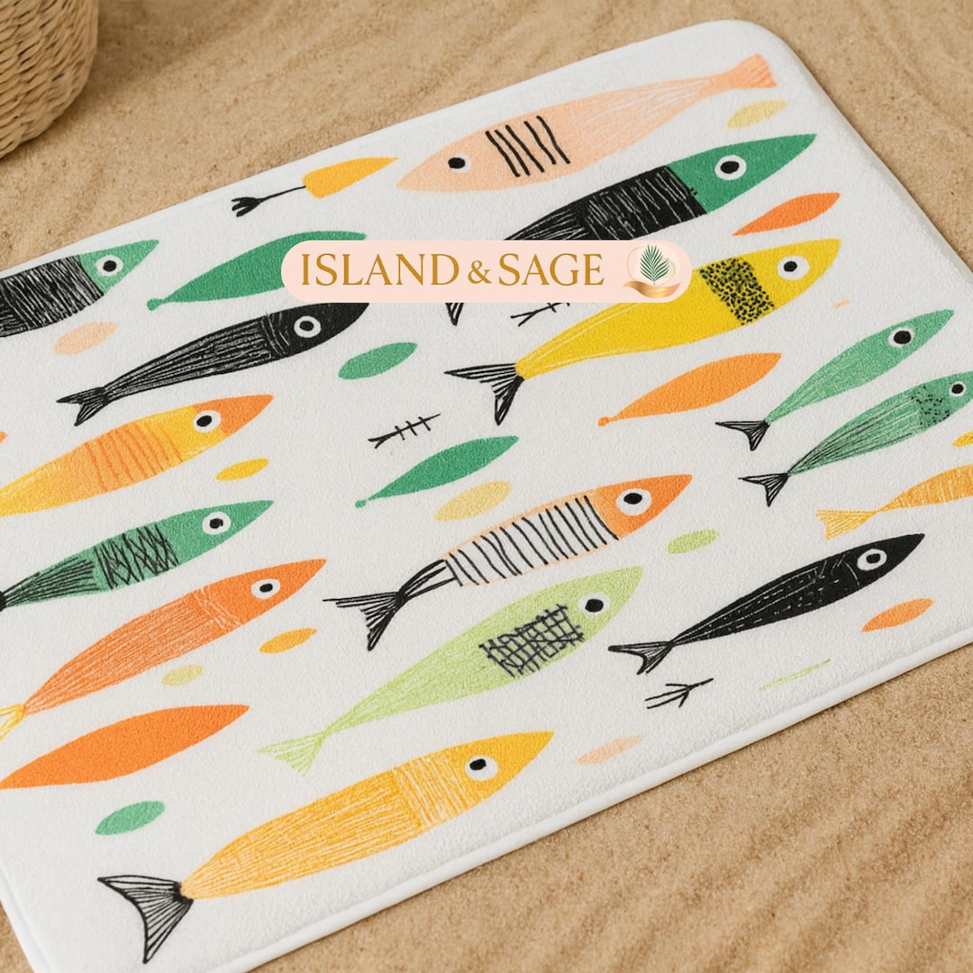 Boho Sardine Fish Bath Mat – Coastal Bathroom Decor for Beach House ...