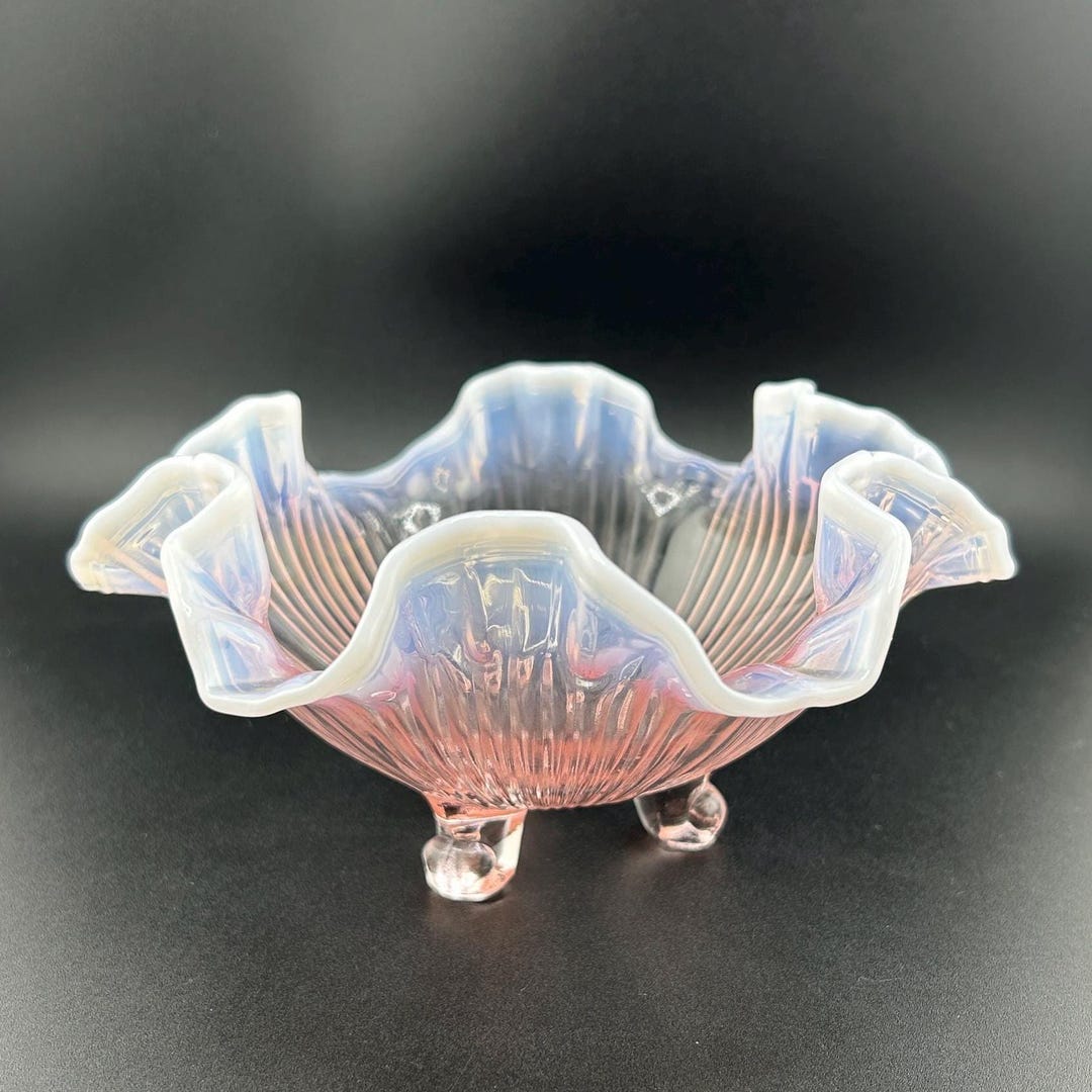 Vintage Fenton Pink Opalescent Glass Compote Bowl Three Feet – Ruffled ...