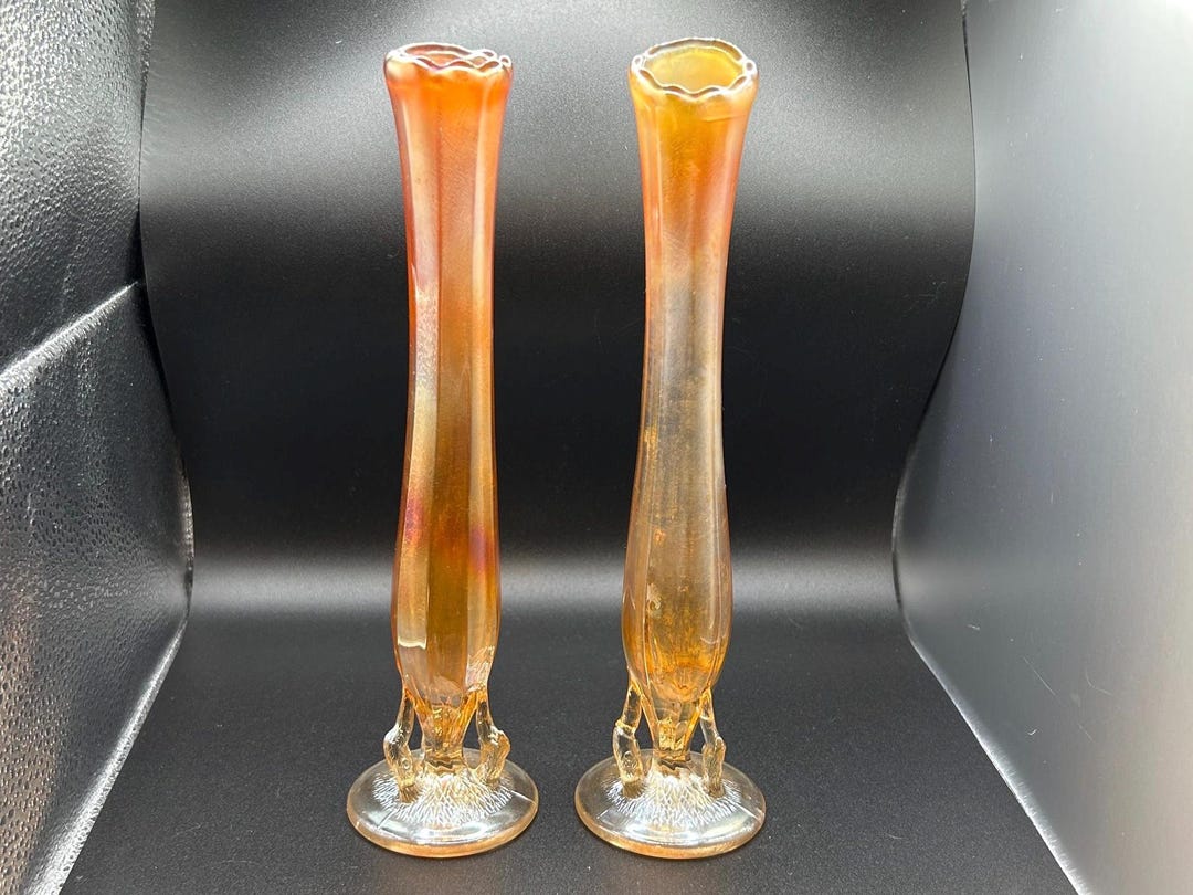 Vintage Dugan Diamond Carnival Glass Vases, Marigold Iridescent Pair - Etsy