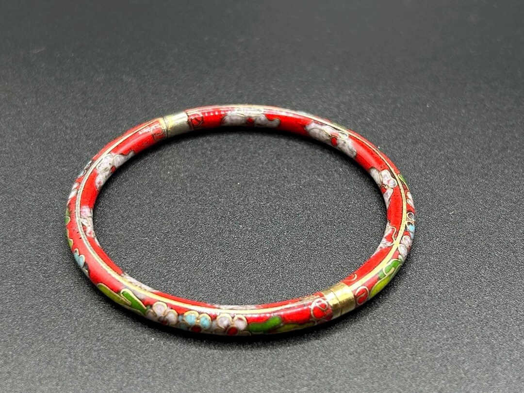 Enamel Cloisonné Chinese Bangle Bracelet Red and Colorful Floral ...